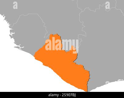 Map of Liberia and nearby countries, Liberia is highlighted in red ...