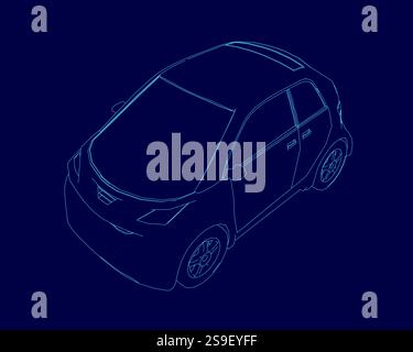 Blue car with a futuristic design. The car is shown in a 3D format ...