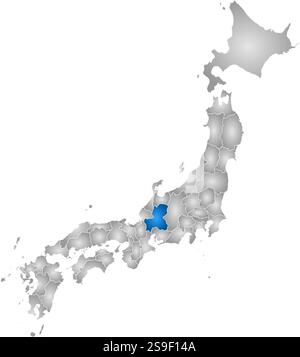 Map of Japan with the provinces, Gifu is highlighted by a hatching ...
