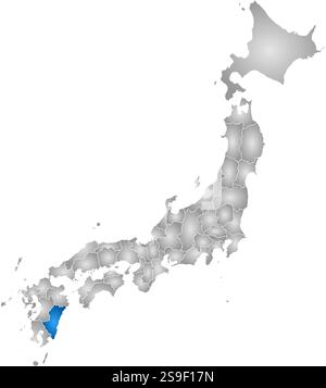 Map of Japan with the provinces, Miyazaki is highlighted by a hatching ...