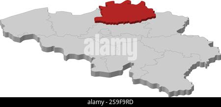 Map of Belgium as a gray piece., Flemish Brabant is highlighted in red ...