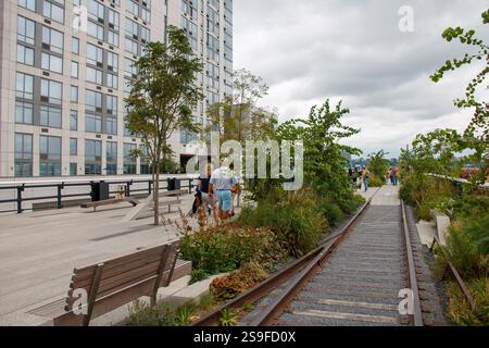 The High line park railroad tracs in Manhattan, New York City, USA ...