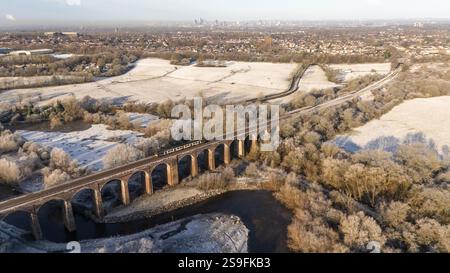 Aerial, Reddish Vale country park with the landmark viaduct and the ...