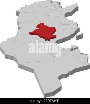 Map of Tunisia with the provinces, Sidi Bouzid is highlighted by orange ...