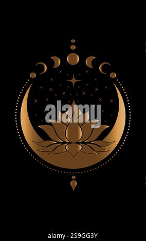 Mystical Moon Phases, Lotus Flower, Sacred geometry. Triple moon, half ...