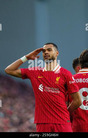 Liverpool's Cody Gakpo celebrates after scoring his side's second goal ...