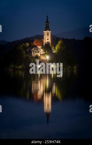 Lake Bled at night with reflections Stock Photo - Alamy