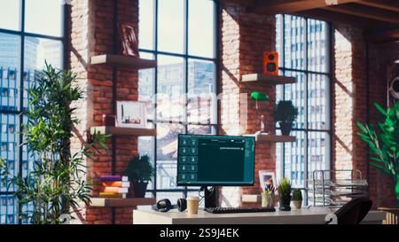 AI LLM chatbot answering user prompts using predictive technology in home office. Computer setup ...