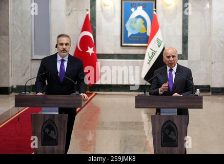 Turkish Foreign Minister Hakan Fidan speaks to media before a joint ...