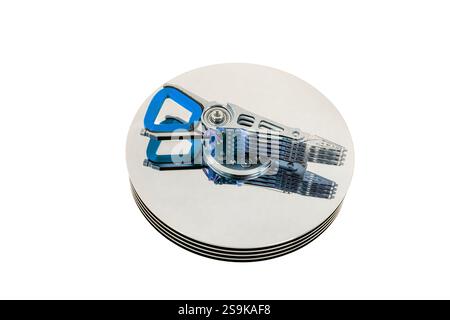 Hard disk drive platter and riding arm on white background Stock Photo ...