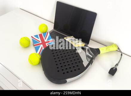 padel racket and yellow balls, laptop Stock Photo - Alamy