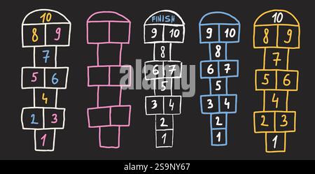 Hopscotch games chalk drawn set isolated on dark background. Children ...