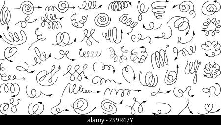 Hand drawn spiral springs set. Doodle flexible coils, wire spring ...