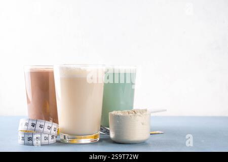 Assortment of different flavors of protein cocktails, with protein ...
