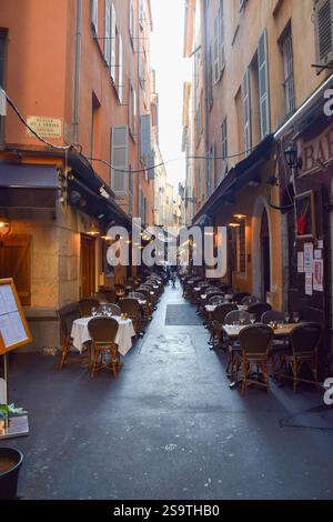 Nice, France, 2019. A street lined with restaurants and cafes in the ...