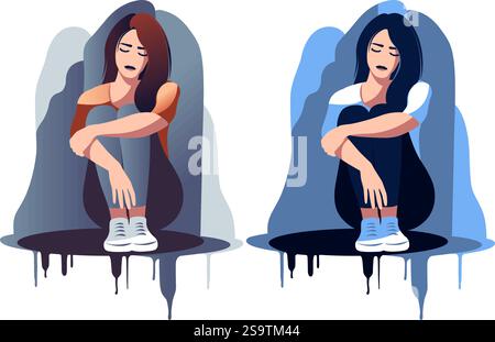 Tired woman sitting with a discharged battery in the thoughts. Concept ...
