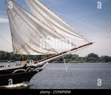 The white sailing vessel with bowsprit and masts behind wire mesh in ...