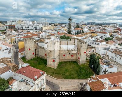 Aerial view of Loule castle in Algarve Portugal, three outward ...
