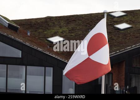 The flag of Greenland flutters at Strandgade, Copenhagen, Denmark ...