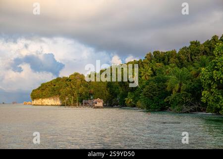 A stilted hut sits by a lush green coastline, with towering trees and a ...