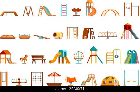 Kindergarten outdoor recreation area icons set cartoon vector. Urban ...