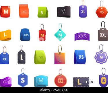 Size label cloth icons set. Clothes size tags icons set showing ...