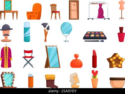Backstage theater room icons set cartoon vector. Makeup dressing ...