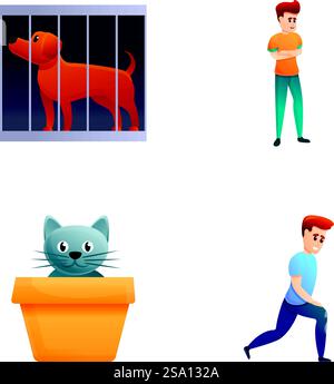 Catching animal icons set cartoon vector. Pet catcher man dog and cat ...