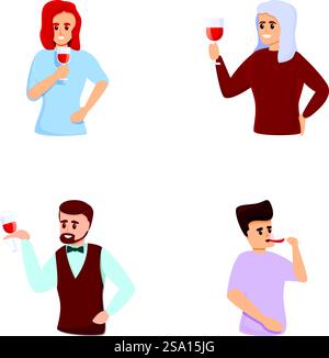 Sommelier tasting icons set cartoon vector. Restaurant expert at wine ...