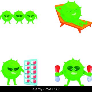 Antibiotic resistance icons set cartoon vector. Bacteria defeating ...