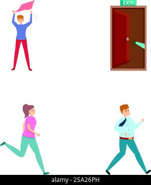Evacuation cartoon icons set with people escaping fire alarm isolated ...