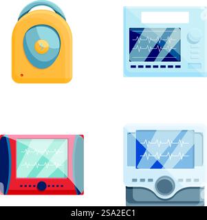 Emergency defibrillator icons set cartoon vector. Auto external ...