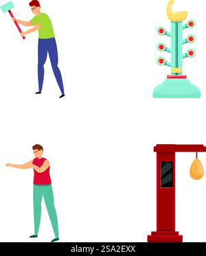 Strength tester icons set cartoon vector. Man measures magnitude of his ...