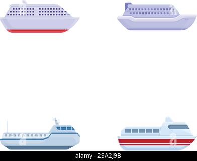 Ferry icons set cartoon vector. Various passenger or cargo ferry ship ...