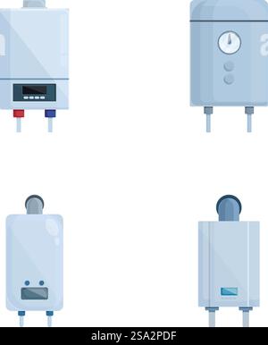Gas boiler icons set cartoon vector. Gas boiler and electric water ...