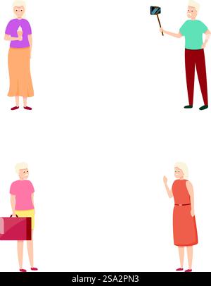 Seniors activity icons set cartoon vector. Old people active healthy ...