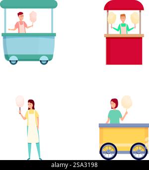 Cotton candy icons set cartoon vector. Seller of cotton candy near ...