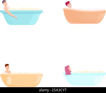 Bathing cartoon set of people relaxing in thermal waters jacuzzi sauna ...