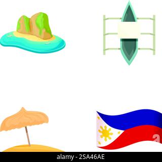 Philippines icons set cartoon vector. Philippine flag and landmark ...