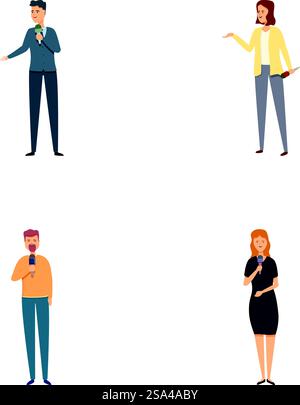 Journalism icons set cartoon vector. Man and woman journalist ...