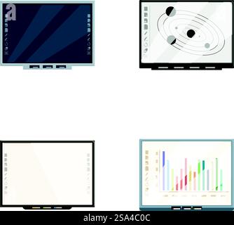 Four vector illustrations of computer monitors showcasing different ...