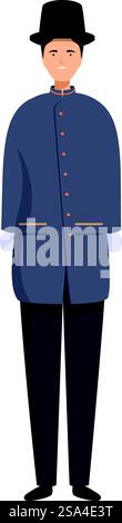 Hotel porter smiling wearing uniform and top hat standing upright ...