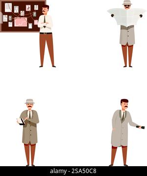 A set of classic detective characters in various poses, vector ...