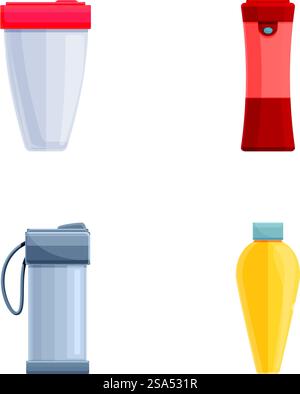 Thermal mug icons set cartoon vector. Various thermal cup and thermos ...
