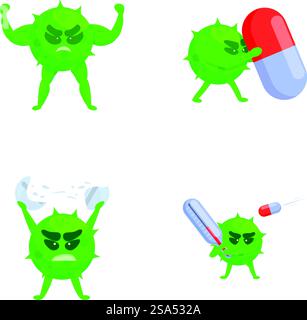 Antibiotic resistance icons set cartoon vector. Bacteria defeating ...