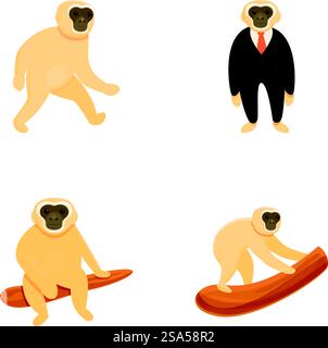 Cartoon gibbon icons set cartoon vector. Gibbon primate, mammal. Monkey ...