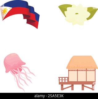 Philippines travel icons set cartoon vector. Philippine flag and ...