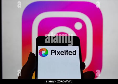 Pixelfed and Instagram logos are seen in this illustration taken ...