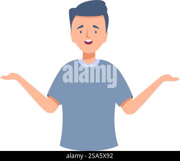 Happy male character is shrugging with raised arms, uncertainty and ...