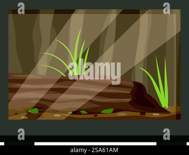 Terrarium with substrate, wooden log, and grass growing inside ...